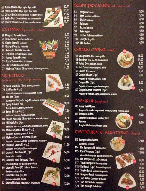 Menu at Makoto restaurant, Rome
