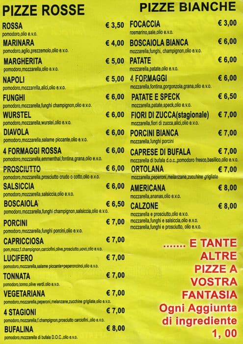 Menu at Pizza del Popolo pizzeria, Rome