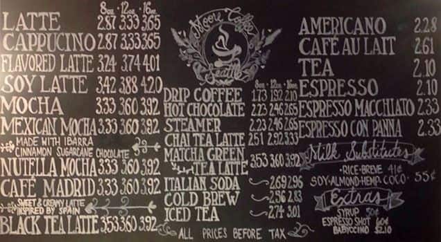 Menu at Moore Coffee Shop cafe, Seattle, 2nd Ave