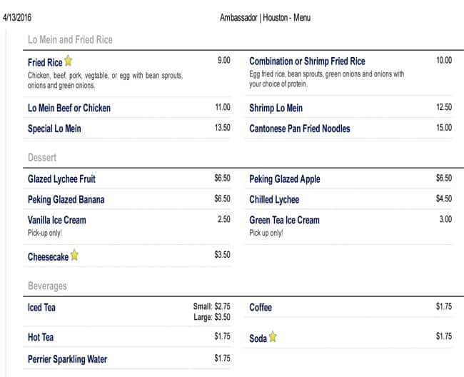 Menu at Ambassador restaurant, Houston, Richmond Ave