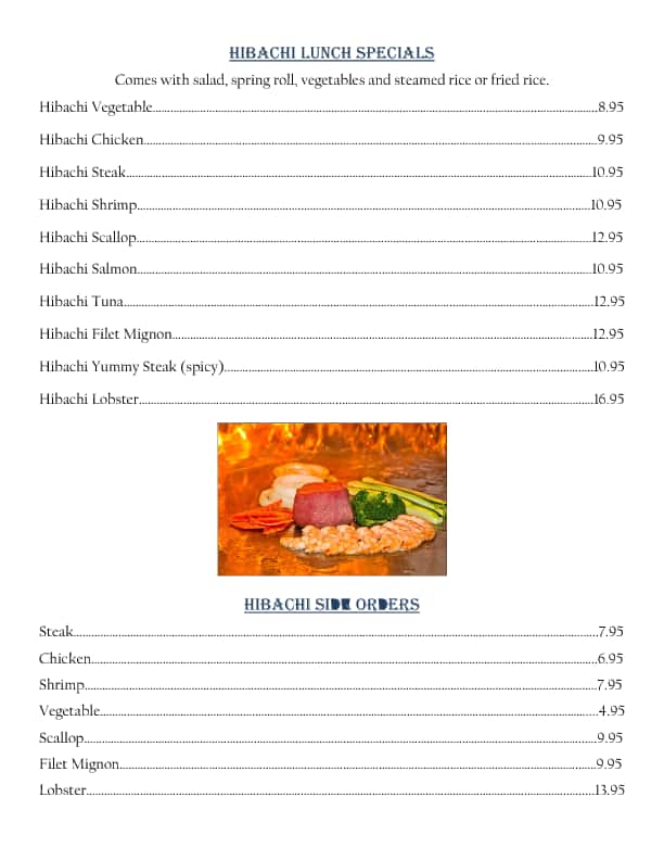 Menu at Yummy Japanese Steakhouse, Hurlburt Field