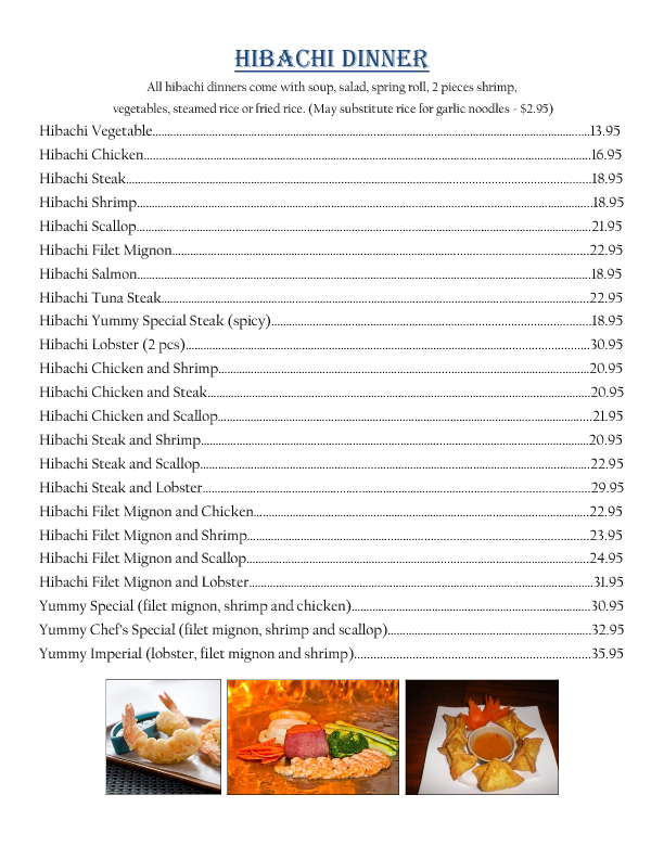 Menu at Yummy Japanese Steakhouse, Hurlburt Field