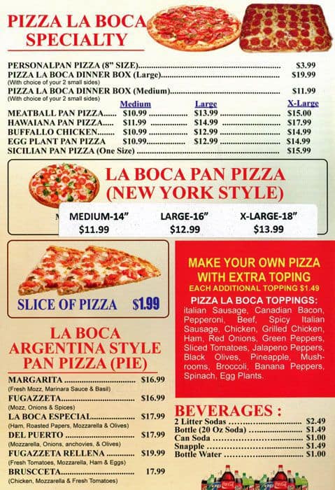 Menu at Pizza La Boca pizzeria, New York City