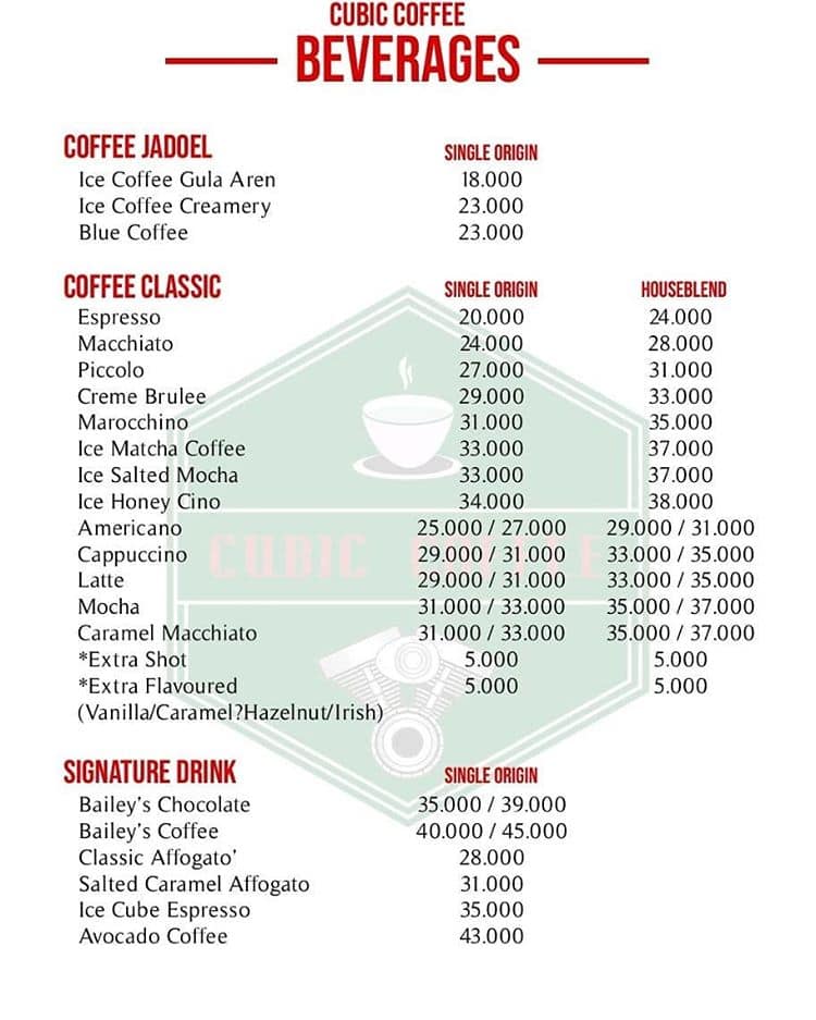 Menu at Cubic Coffee cafe, Jakarta