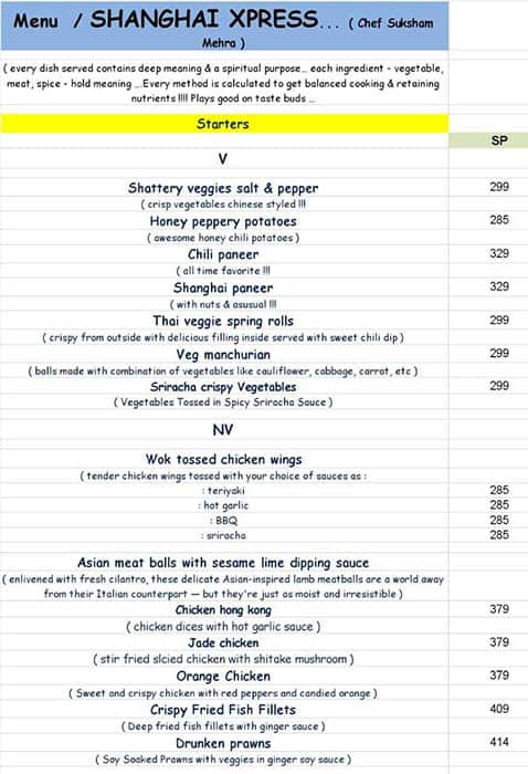 Menu of Shanghai Express, Hiranandani Estate, Thane West, Thane