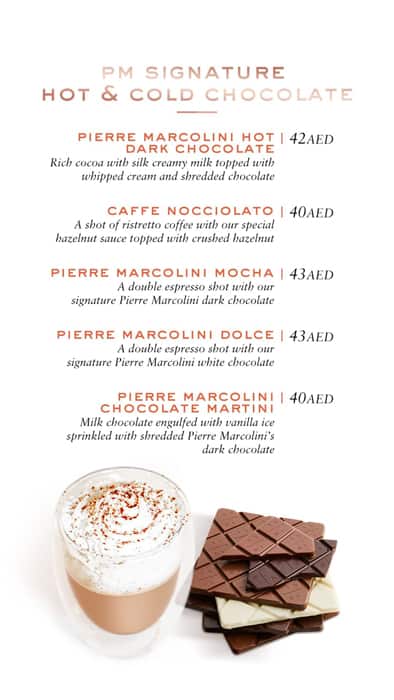 Menu at Pierre Marcolini cafe, Dubai