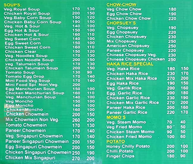 Menu of Mini Foods, NIT, Faridabad
