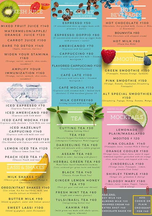 Menu of Alt Life Cafe, Mcleodganj, Dharamshala