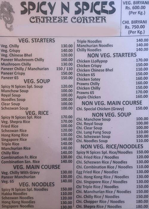 Menu of Spicy N Spices, Vasai, Mumbai