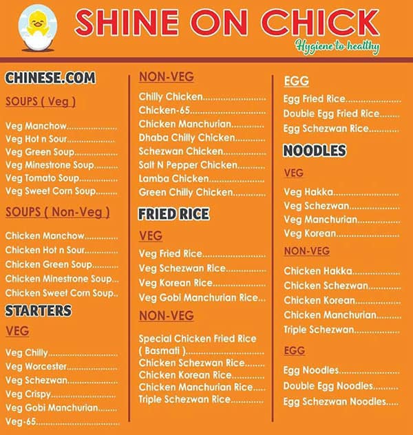 Menu of Shine On Chick, Miyapur, Hyderabad