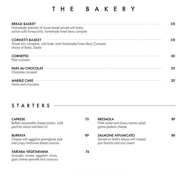 Menu at Emporio Armani Caffè restaurant, Dubai, Mall of Emirates