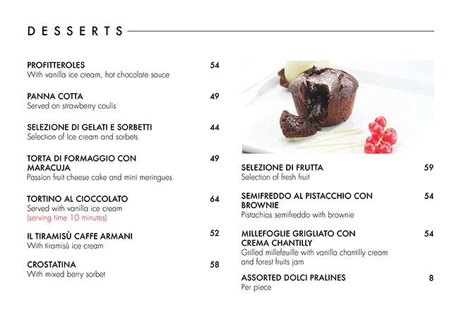 Menu at Emporio Armani Caffè restaurant, Dubai, Mall of Emirates
