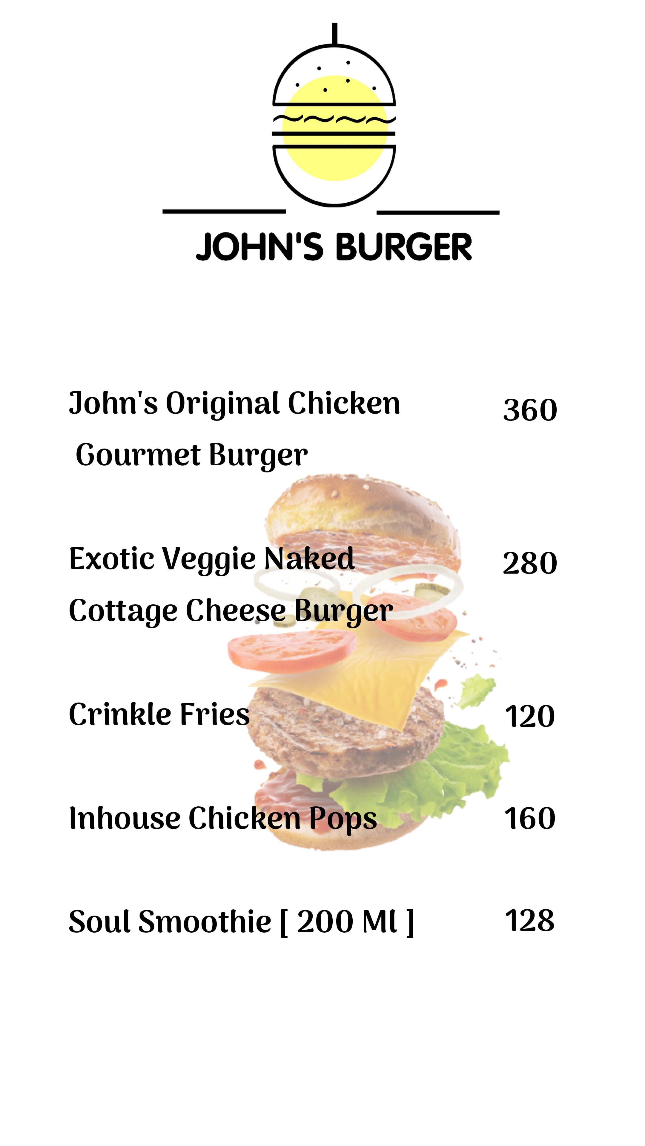 Menu of John's Burger, Chandan Nagar, Pune