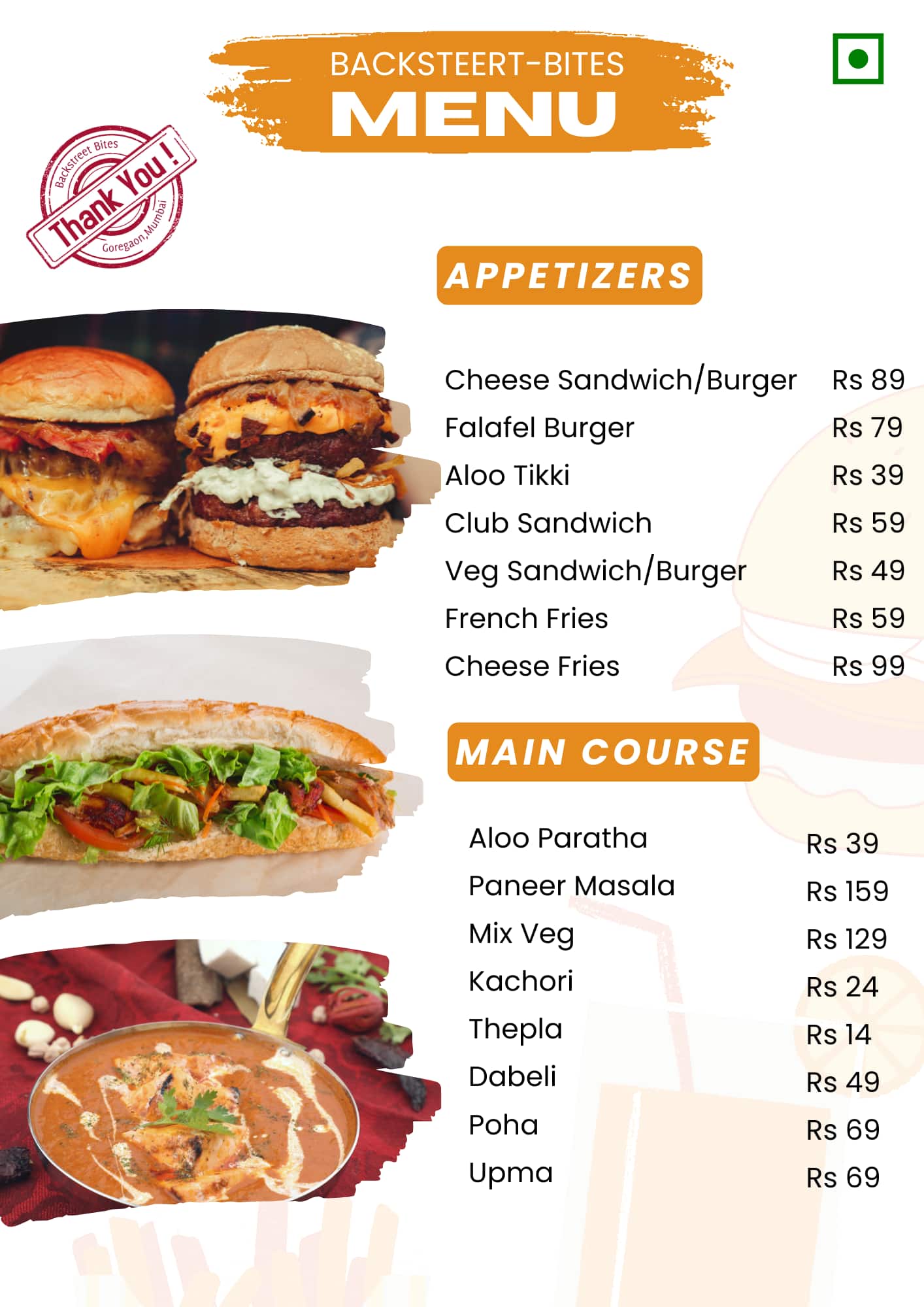 Menu of Backstreet Bites, Goregaon West, Mumbai