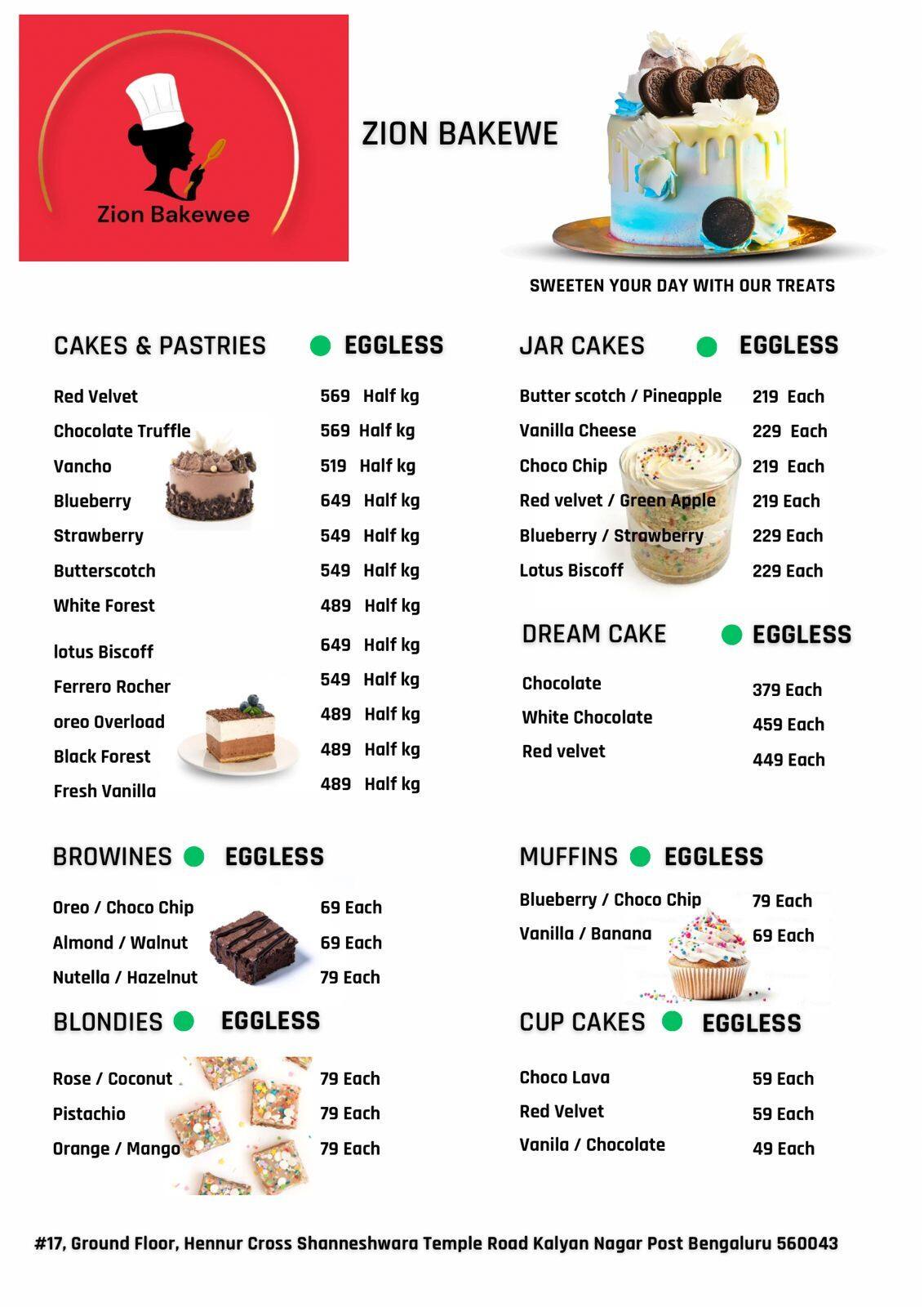 Menu of Zion Bakewee, Kalyan Nagar, Bangalore