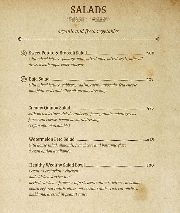 Menu at Birdsong Organic Cafe, Mumbai