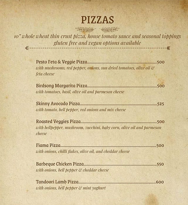 Menu at Birdsong Organic Cafe, Mumbai