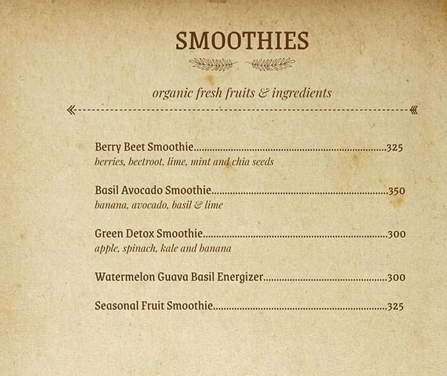 Menu at Birdsong Organic Cafe, Mumbai