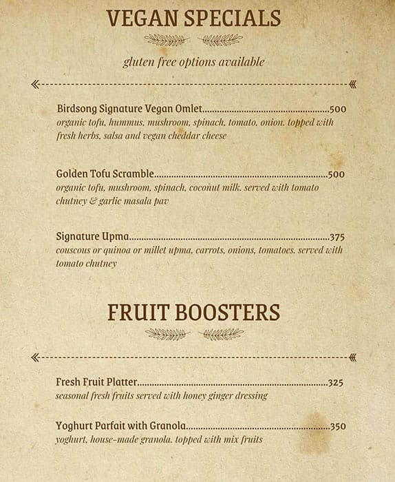 Menu at Birdsong Organic Cafe, Mumbai