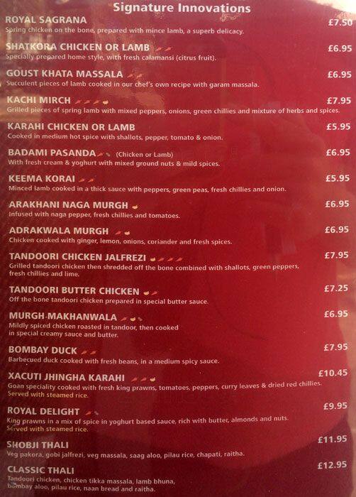 Menu at Royal India restaurant, London, 47 Stoke Newington Church St