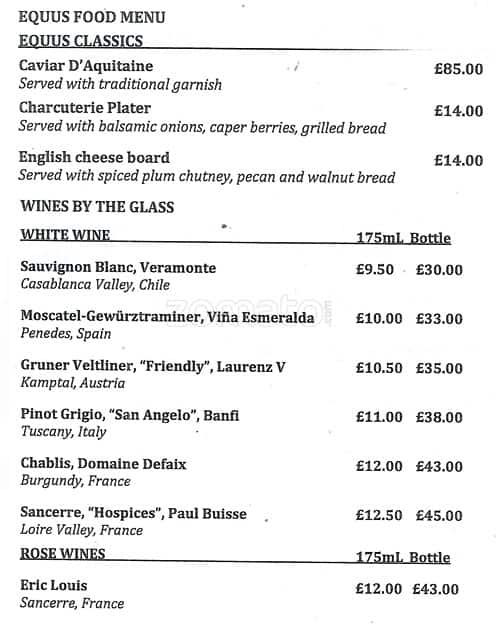 Menu at Equus pub & bar, London