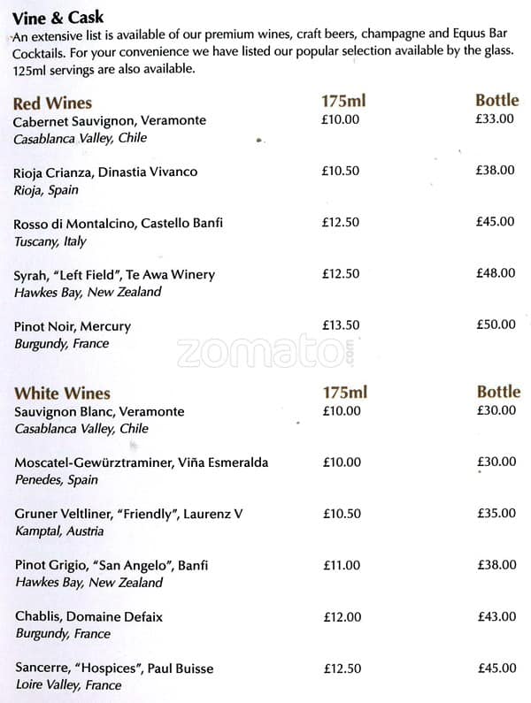 Menu at Equus pub & bar, London