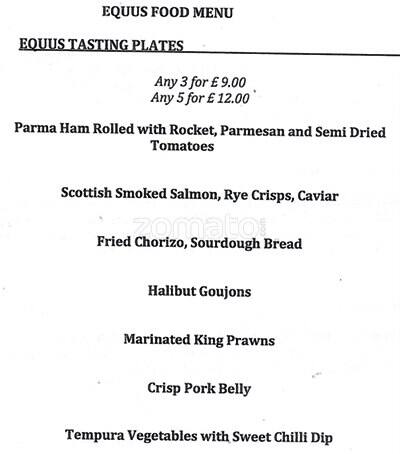 Menu at Equus pub & bar, London