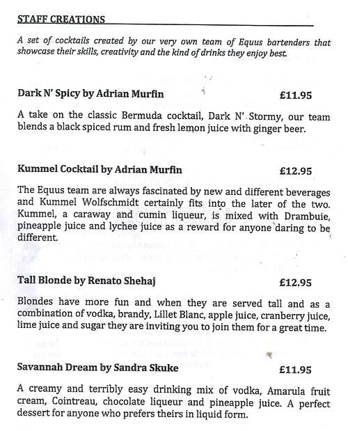 Menu at Equus pub & bar, London