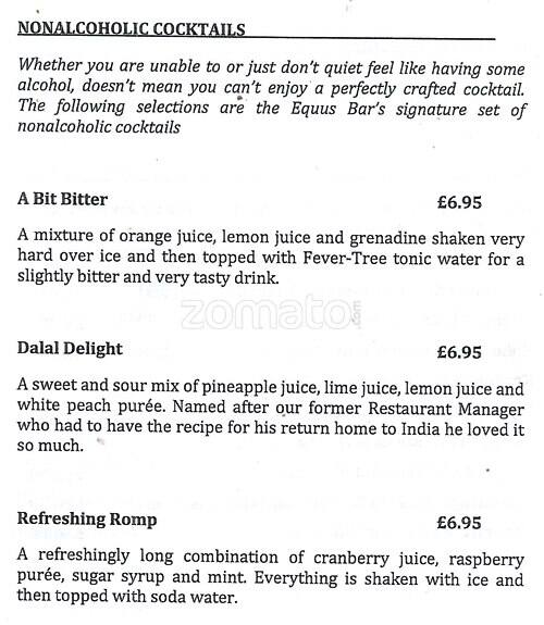 Menu at Equus pub & bar, London
