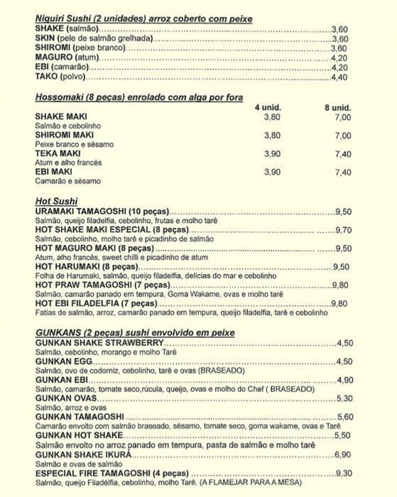 Menu at TAMAGOSHI RESTAURANTE JAPONÊS, Parede