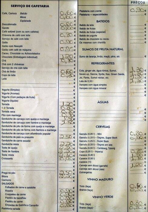 Menu at Café Granada, Pontinha