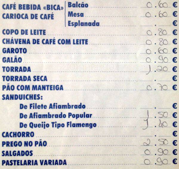 Menu at Café Granada, Pontinha