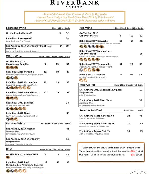 Menu at Riverbank Estate Winery restaurant, Caversham