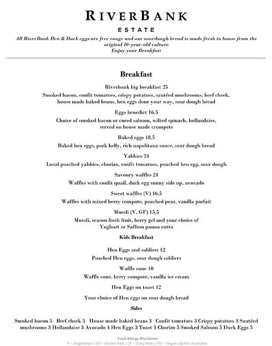 Menu at Riverbank Estate Winery restaurant, Caversham