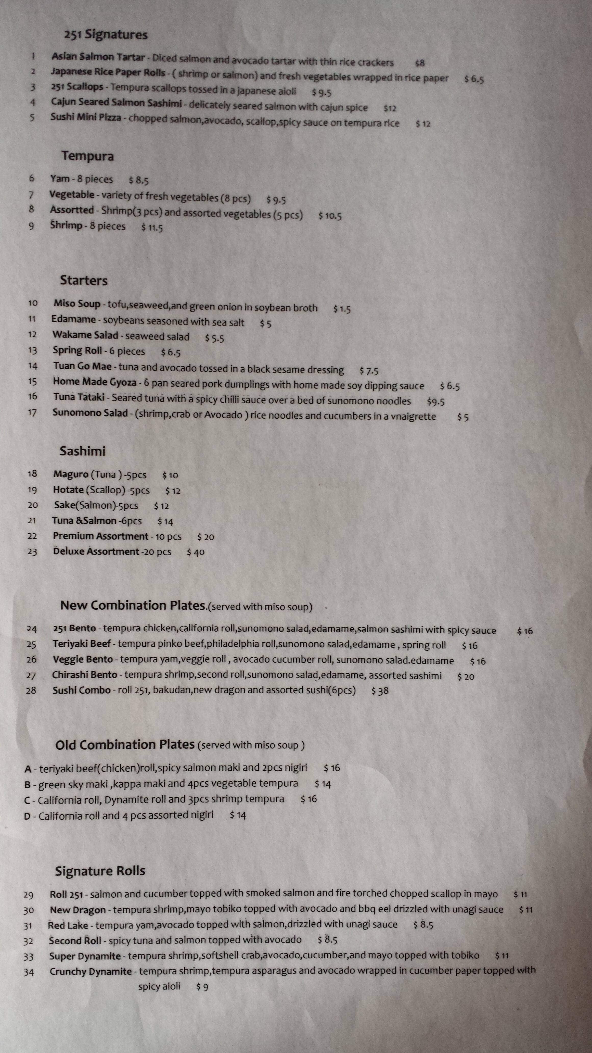 Menu at Sushi 251 restaurant, Kenora