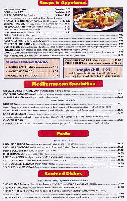 Menu at Utopia restaurant, West New York, 267 Amsterdam Ave