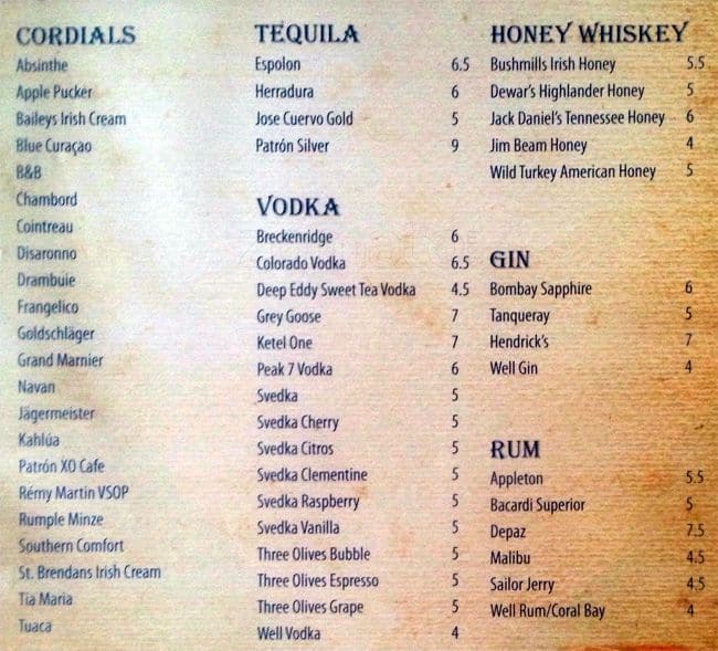 Menu at Whiskey Bar, Denver, Larimer St