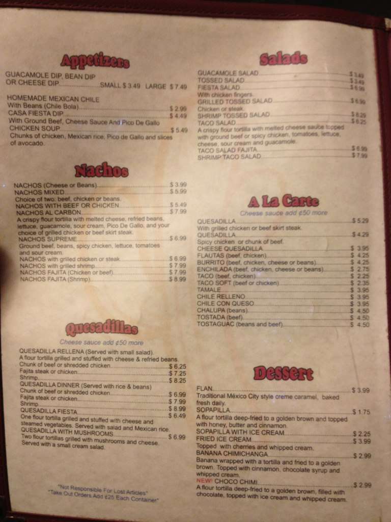 Menu at Casa Fiesta restaurant, Fultondale, Lowery Pkwy Ste 103
