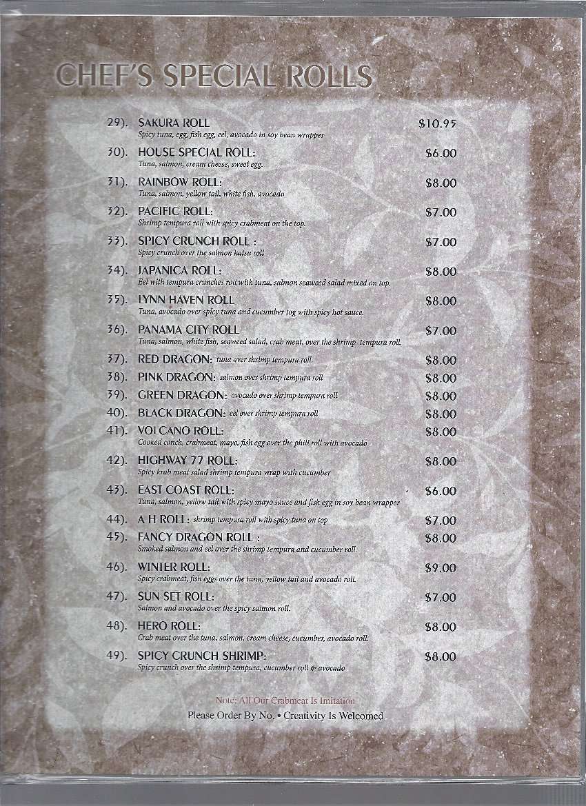 Menu at Sakura Sushi & Grill restaurant, Lynn Haven