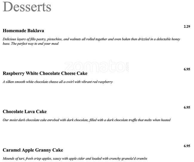 Menu at Adonis Restaurant, Oakville