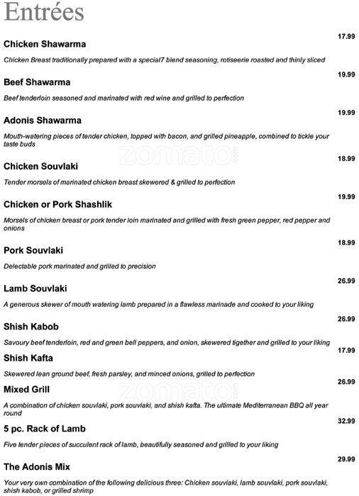 Menu at Adonis Restaurant, Oakville