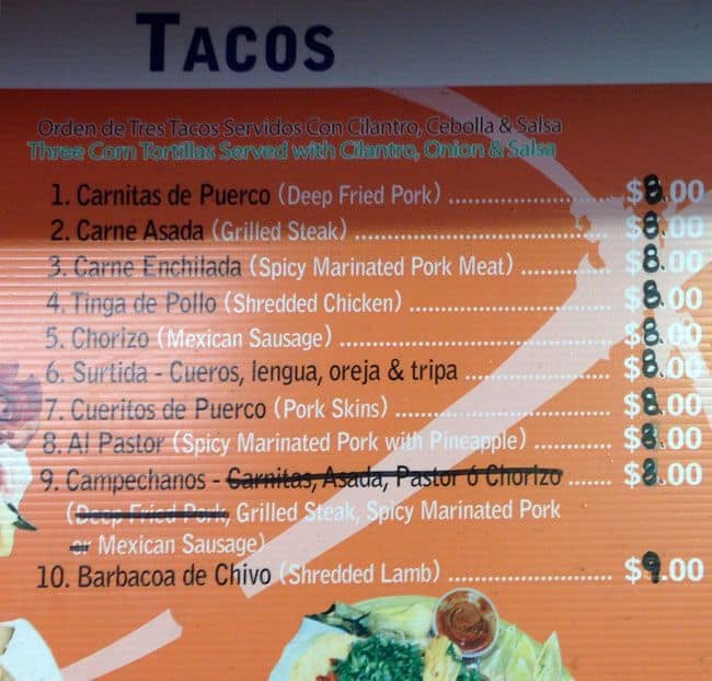 Menu at Taqueria La Prima restaurant, Philadelphia