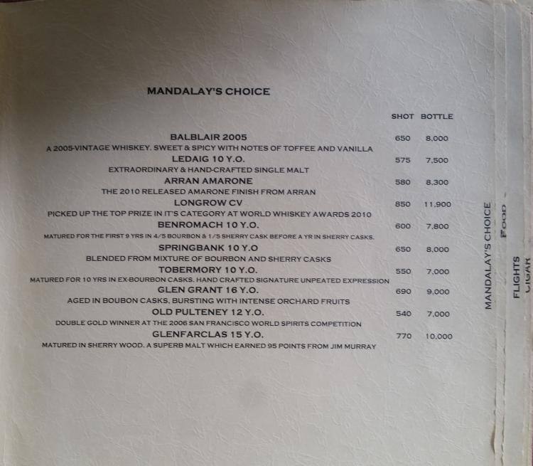 Menu at Mandalay pub & bar, Makati