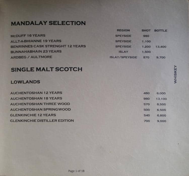 Menu at Mandalay pub & bar, Makati