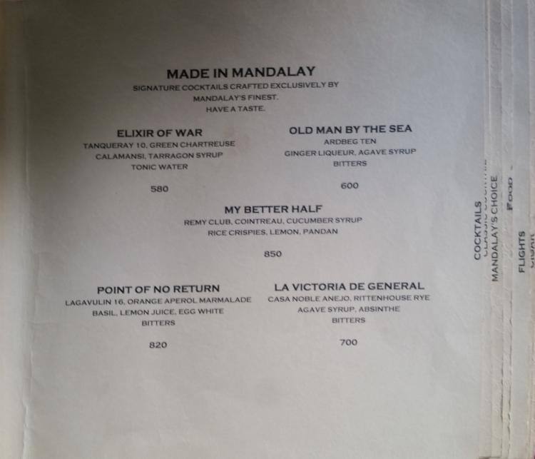 Menu at Mandalay pub & bar, Makati