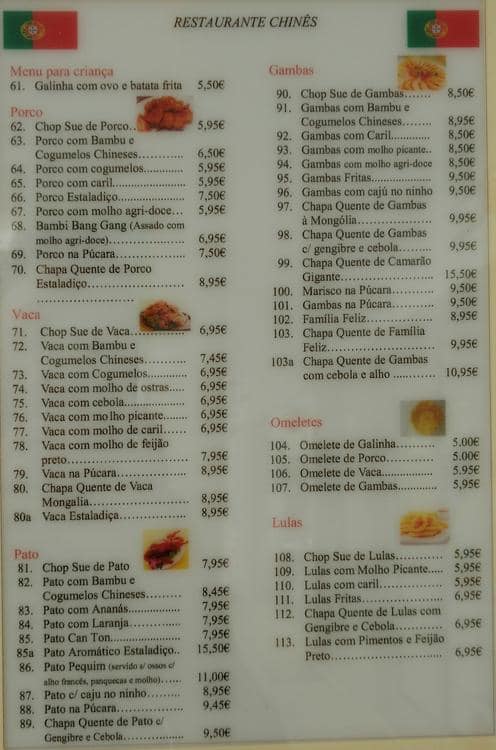 Menu em RESTAURANTE CHINES LONG XING, Armação de Pêra