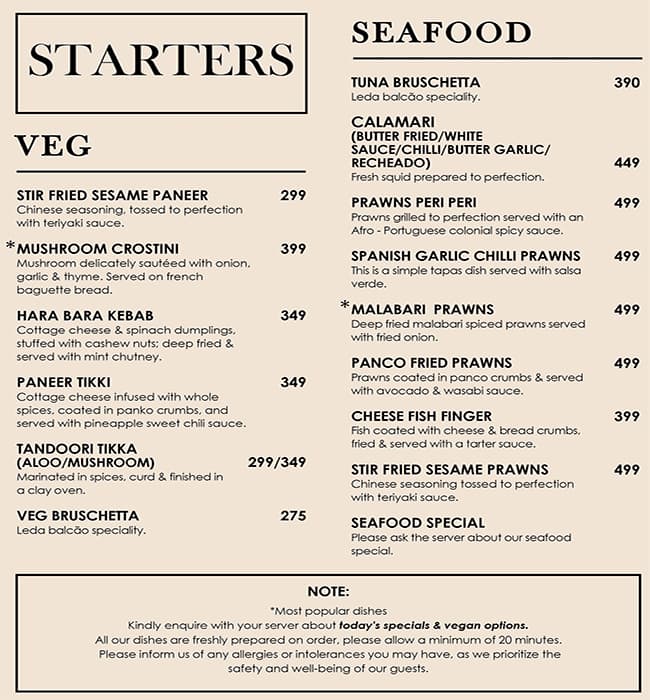 Menu of Leda Balcao, Benaulim, Goa