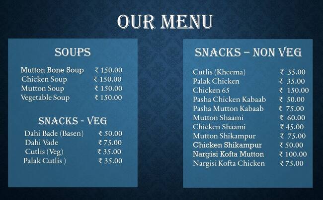 Menu of Pasha & Magnificent Seven, Abids, Hyderabad