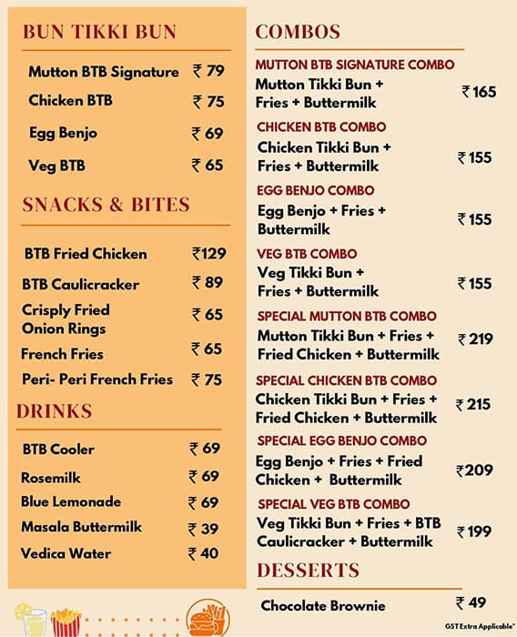 Menu of Bun Tikki Bun, Triplicane, Chennai