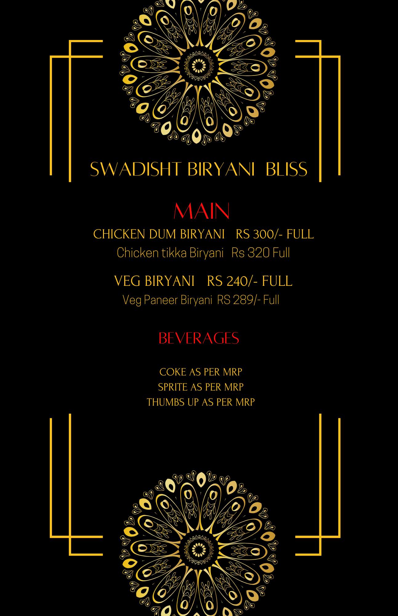 Menu of Swadisht Biryani Bliss, Taloja, Navi Mumbai